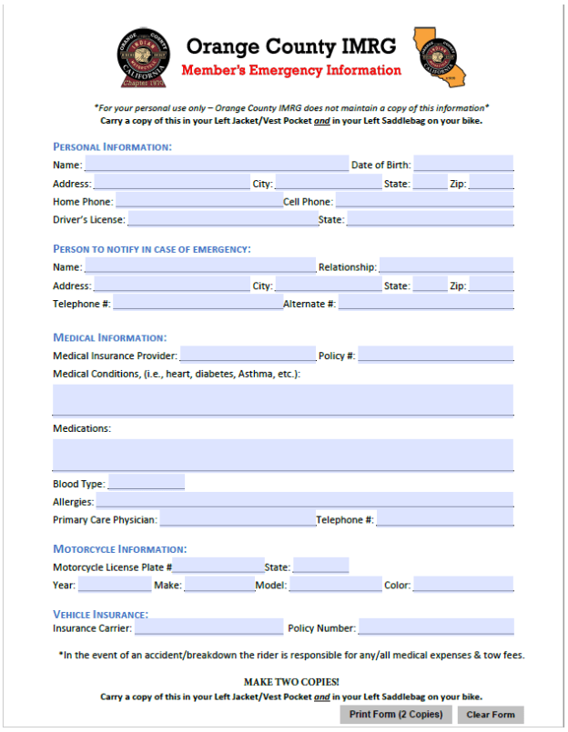 Emergency Information Form – Orange County IMRG Members